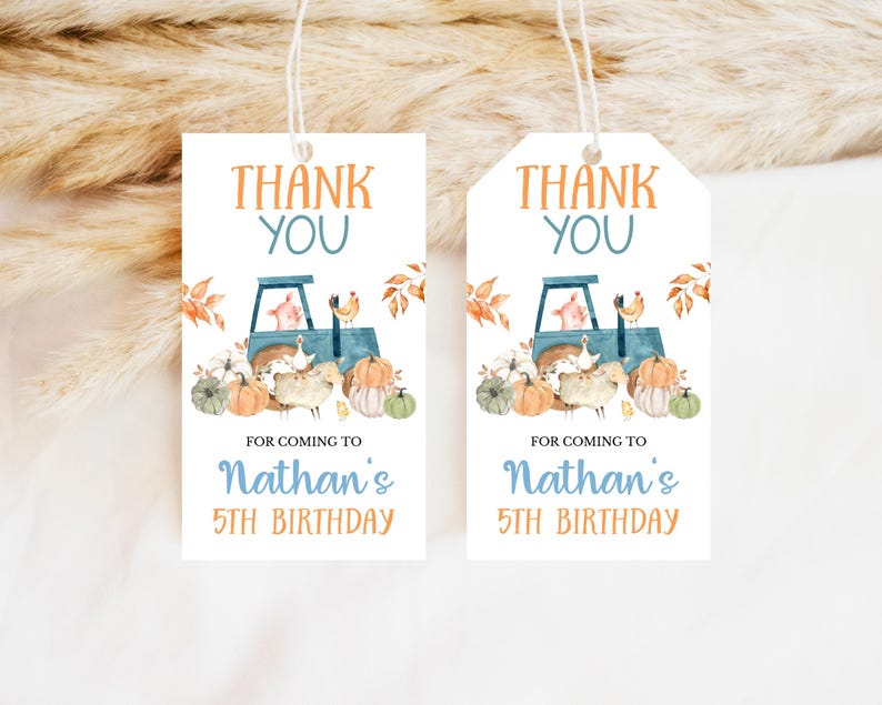 Editable Farm Animals Fall Birthday Favor Tag, Pumpkins Leaves and ...