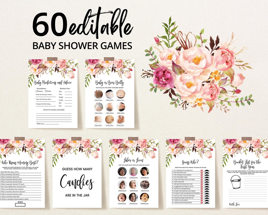 Editable Rustic Floral Baby Shower Game Bundle, Girl Floral Baby Shower ...