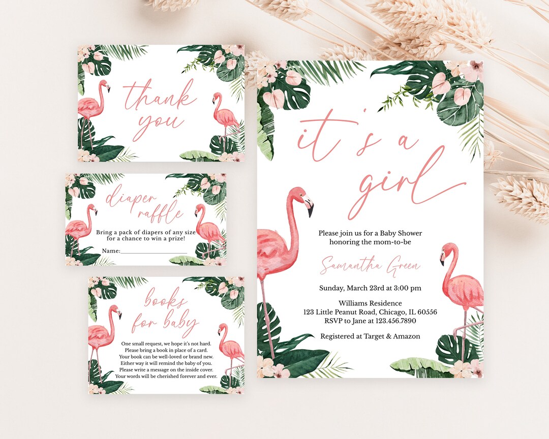 Editable Flamingo Baby Shower Invitation Bundle, Tropical Flamingo Baby ...