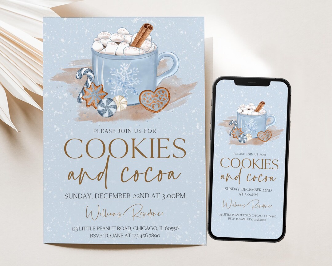 Editable Cookies and Cocoa Holiday Party Invitation, Blue Winter ...