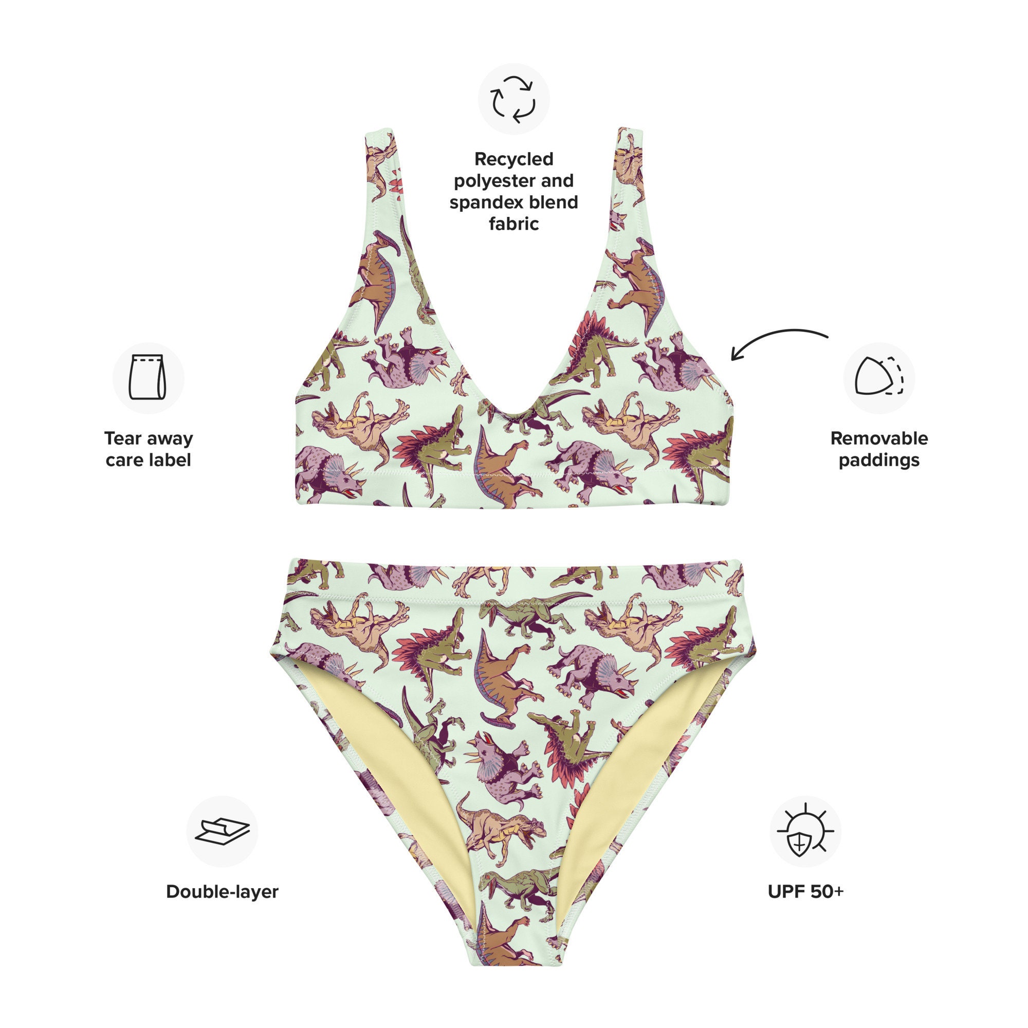 Honeydew Dinosaurs Bikini, DESIGNER Swimsuit, Recycled High-waisted ...