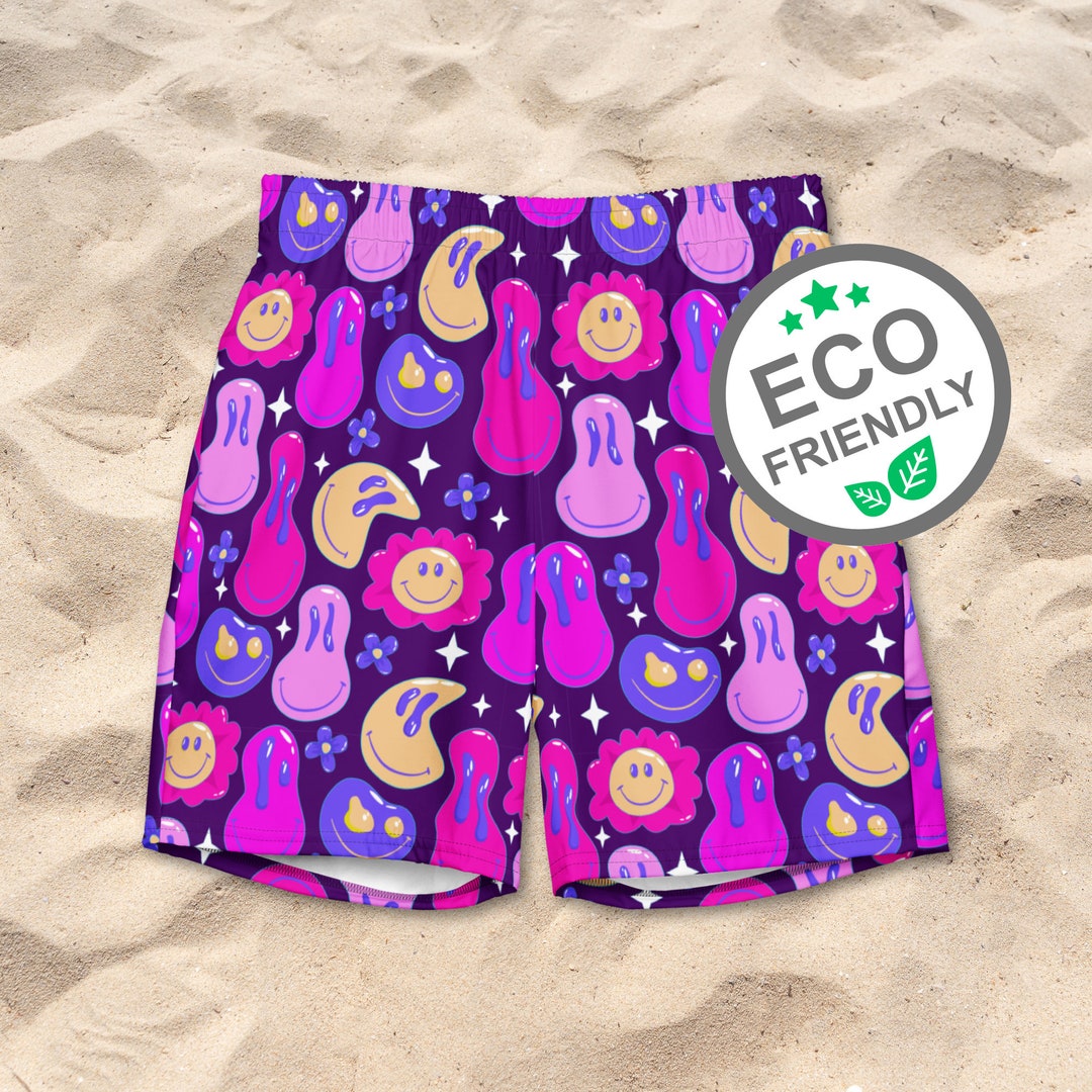 Drippy 1970s Smileys MENS Swim Trunks, Smiley Face and Flowers Mens ...