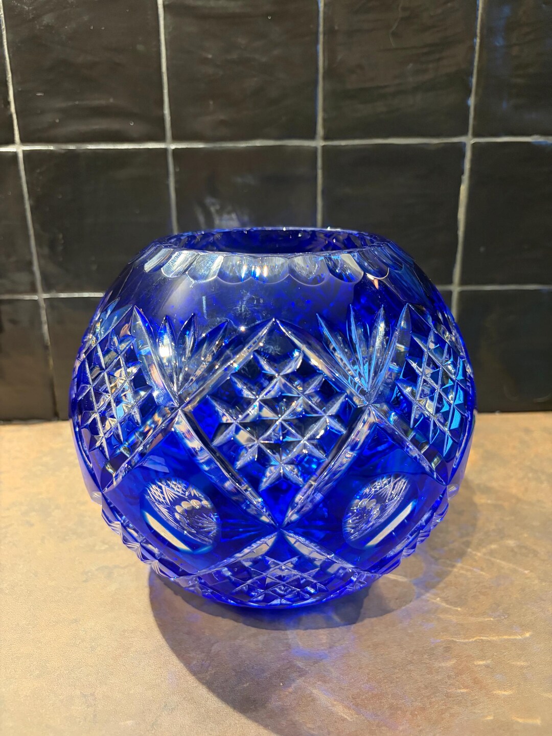 Bohemian Cobalt Blue Cut Crystal Vase Bowl, Hand Cut Crystal, Mid ...