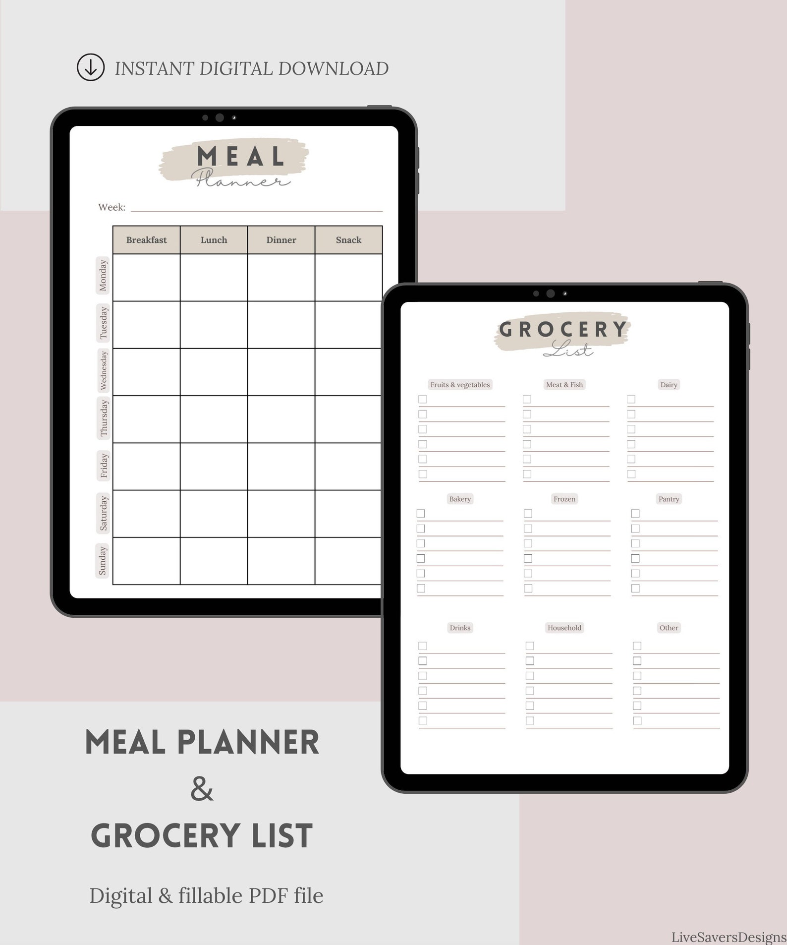 Digital Meal Planner, Grocery List, Minimalist Look, Undated Weekly ...