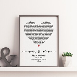 Personalized Heart Lyrics Printable, Anniversary Gift, First Dance Song ...