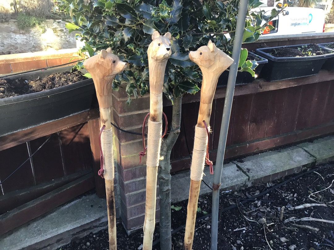 Wooden Hiking/walking Stick Carved Bears Head Handle With a Leather ...