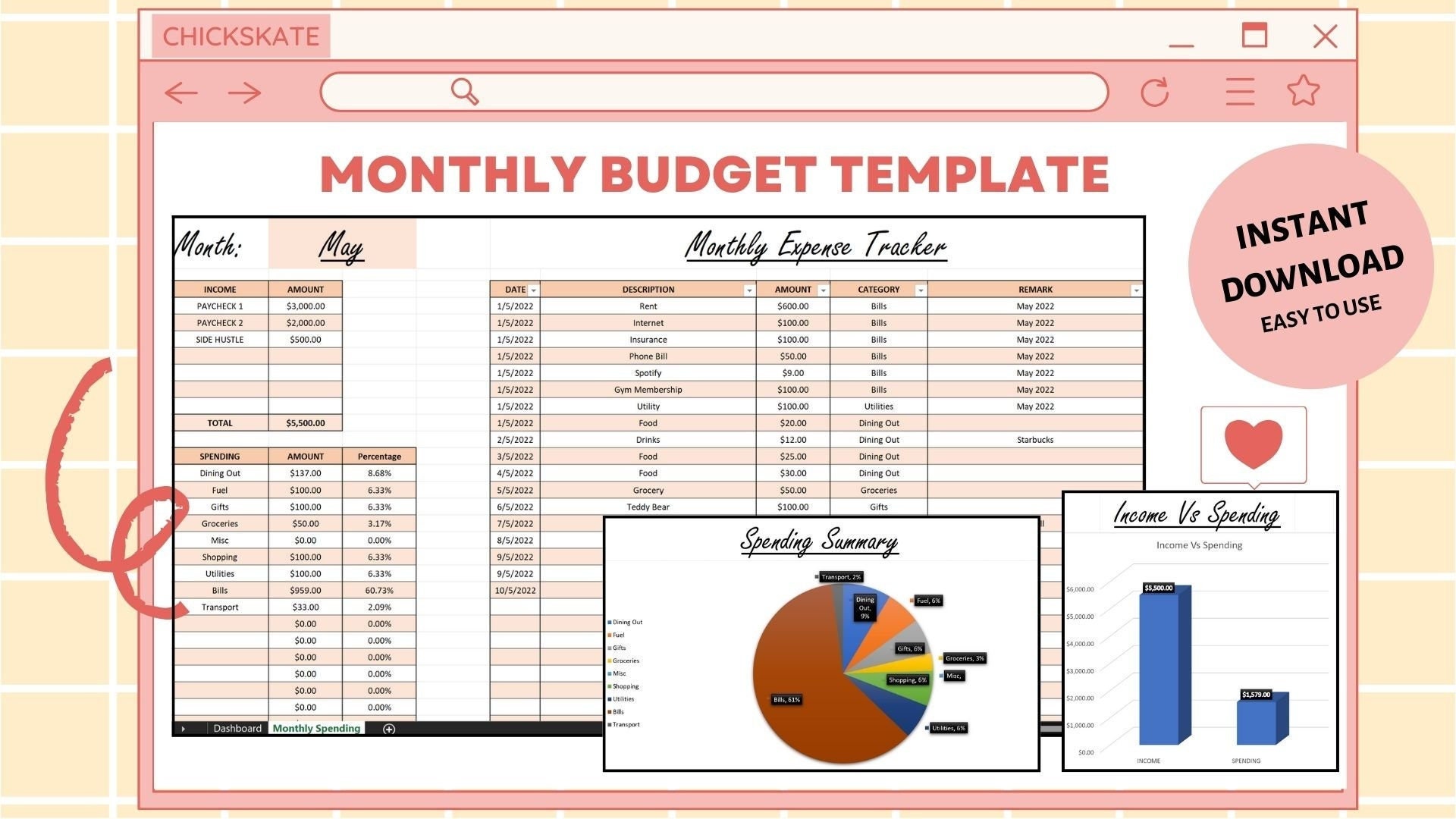 Monthly Budget Template | Personal Finance Spreadsheet | Digital Budget ...
