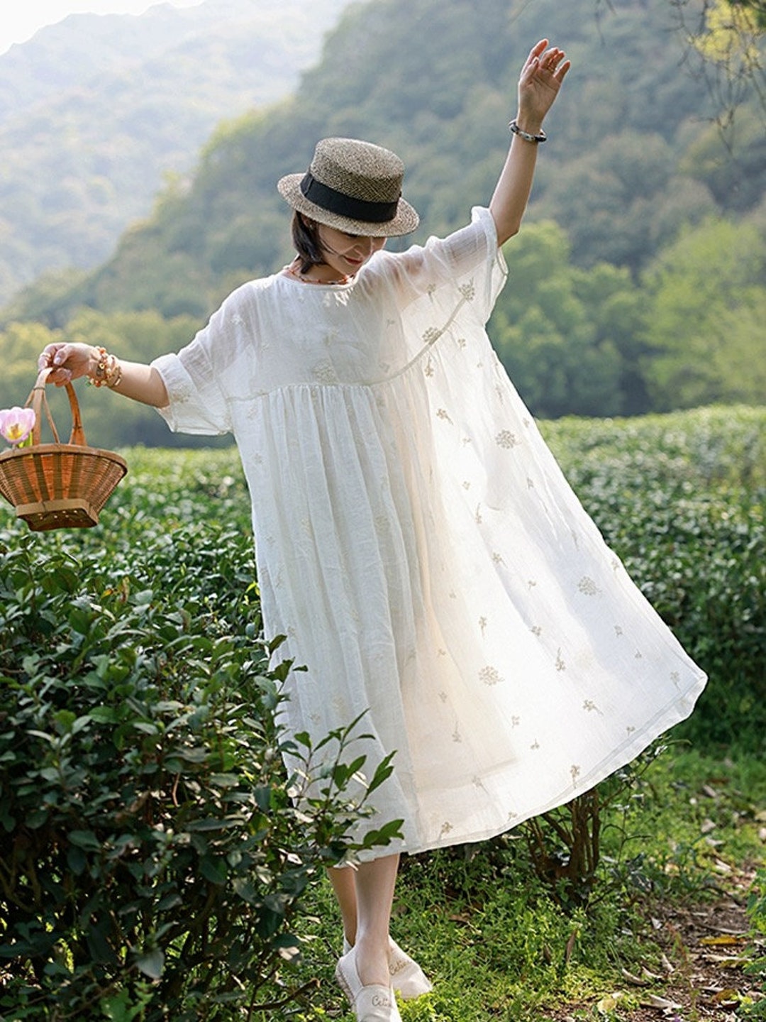 Ramie Fine Wrinkles Heavy-duty Embroidery Linen Dress Vacation Loose ...