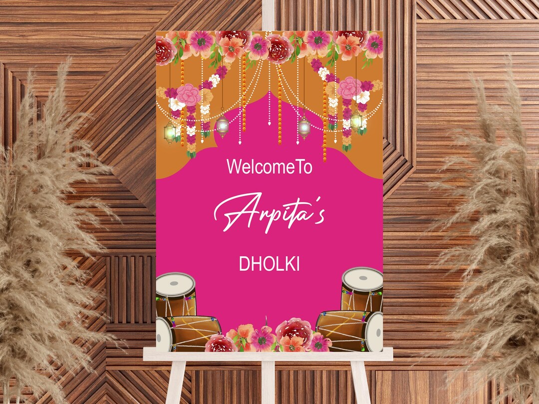 Pink Dholki Welcome Sign | Haldi Welcome Sign I Mehndi Welcome Board I ...