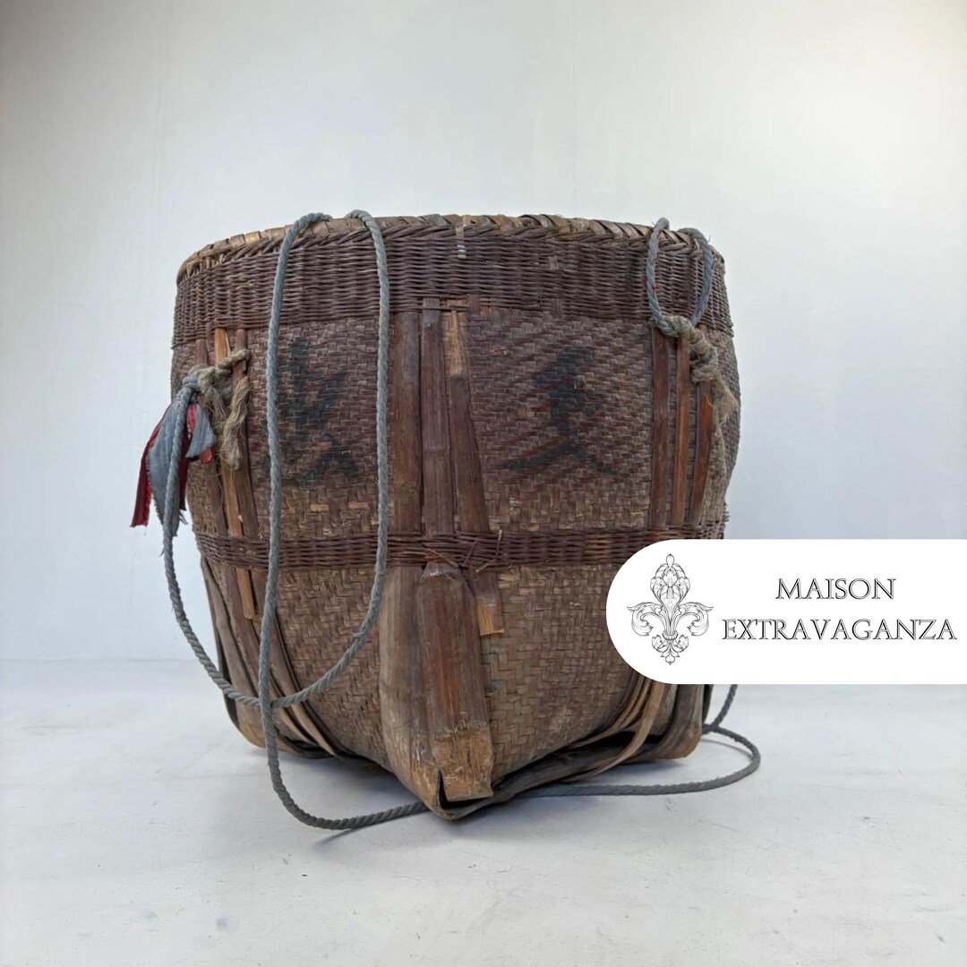 XXL Antique Chinese Reed Grass Basket With Rope Detail - Houbali ...