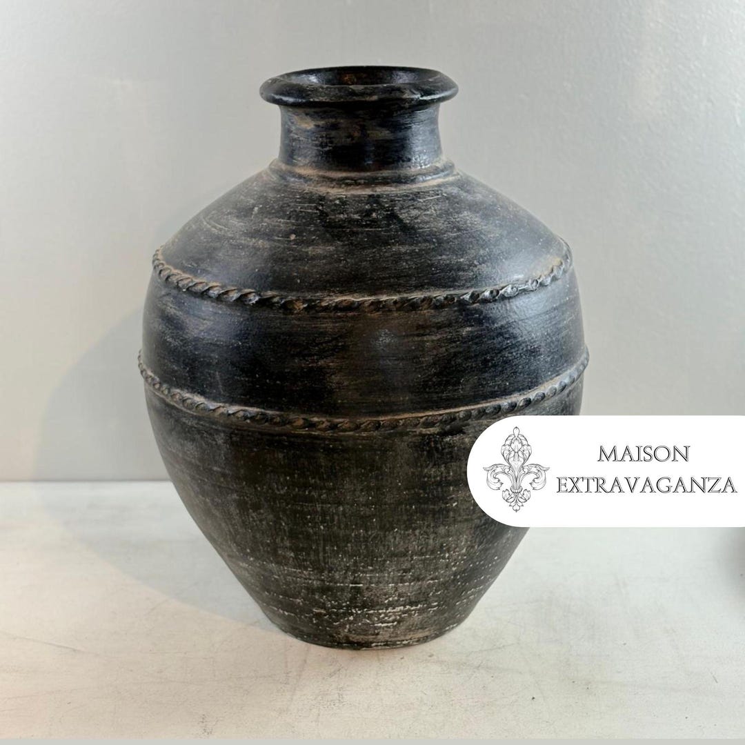 Vintage French Pottery Vase: 50cm Rustic Black Glazed Home Decor - Etsy