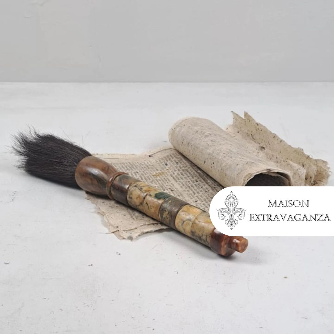 Vintage Chinese Calligraphy Brush: Bone, Wood & Semi-precious Stones ...
