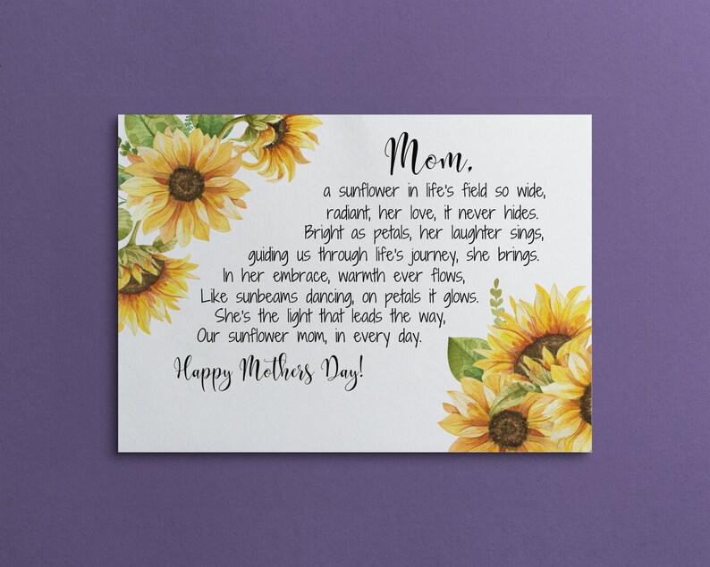 Printable Mother's Day Card With Sunflowers and a Poem - Etsy
