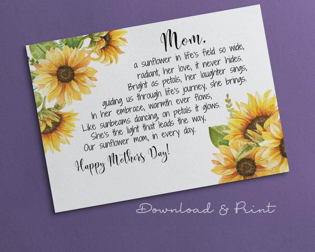 Printable Mother's Day Card With Sunflowers and a Poem - Etsy