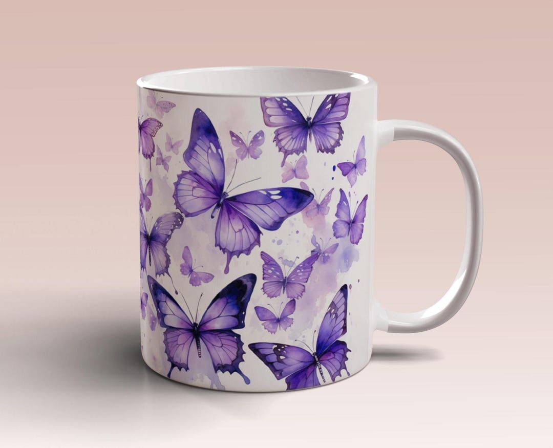 Watercolor Purple Butterflies Mug Wrap 11oz 15oz Mug Template 3D Mug ...
