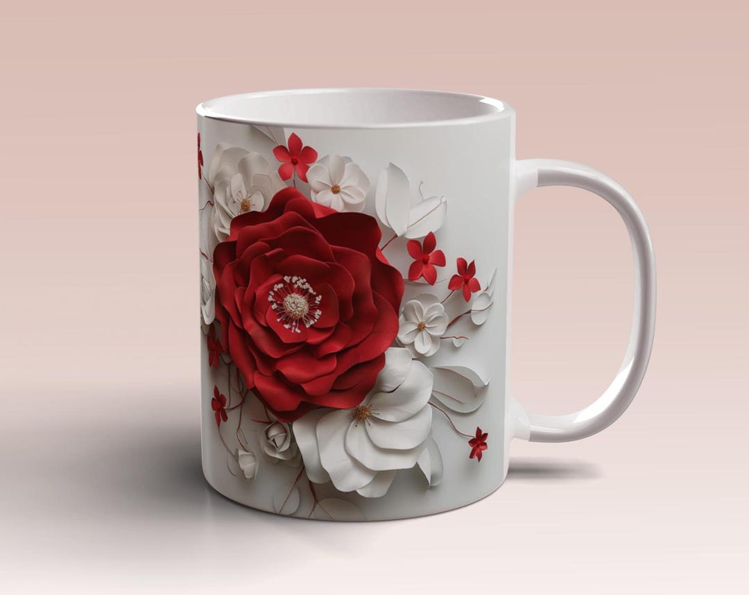 3D Red Rose White Flowers Mug Wrap 11oz 15oz Mug Template Flowers Mug ...