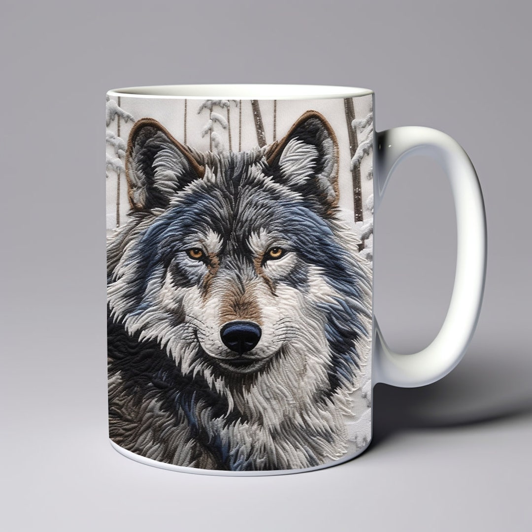 3D Wolf Embroidered Mug Wrap, 11oz 15oz Mug Template Wolf in Winter Mug ...