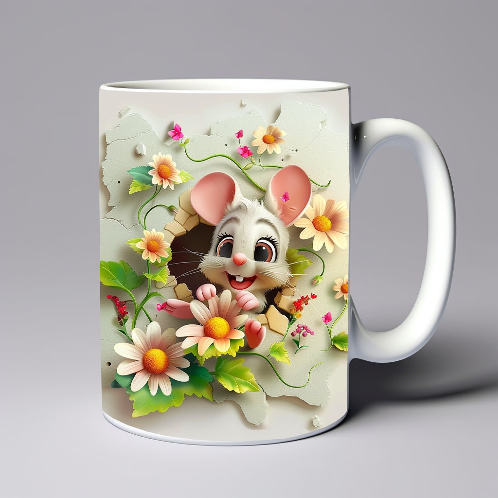 3D Mouse With Flowers Hole in A Wall Mug Wrap 11oz 15oz Mug Template ...