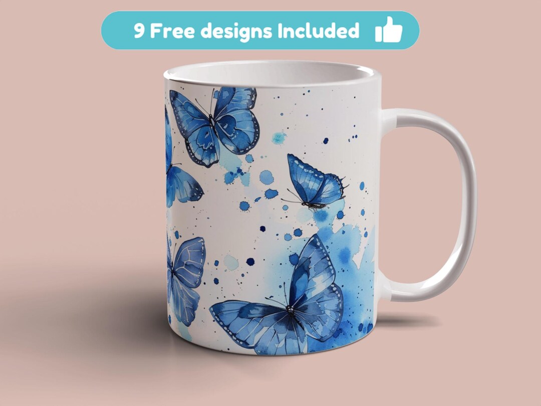 Watercolor Blue Butterflies Mug Wrap 11oz 15oz Mug Template Mug ...