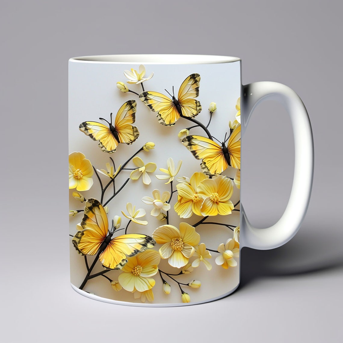 3D Yellow Butterflies Flowers Mug Wrap 11oz 15oz Mug Template Coffee ...