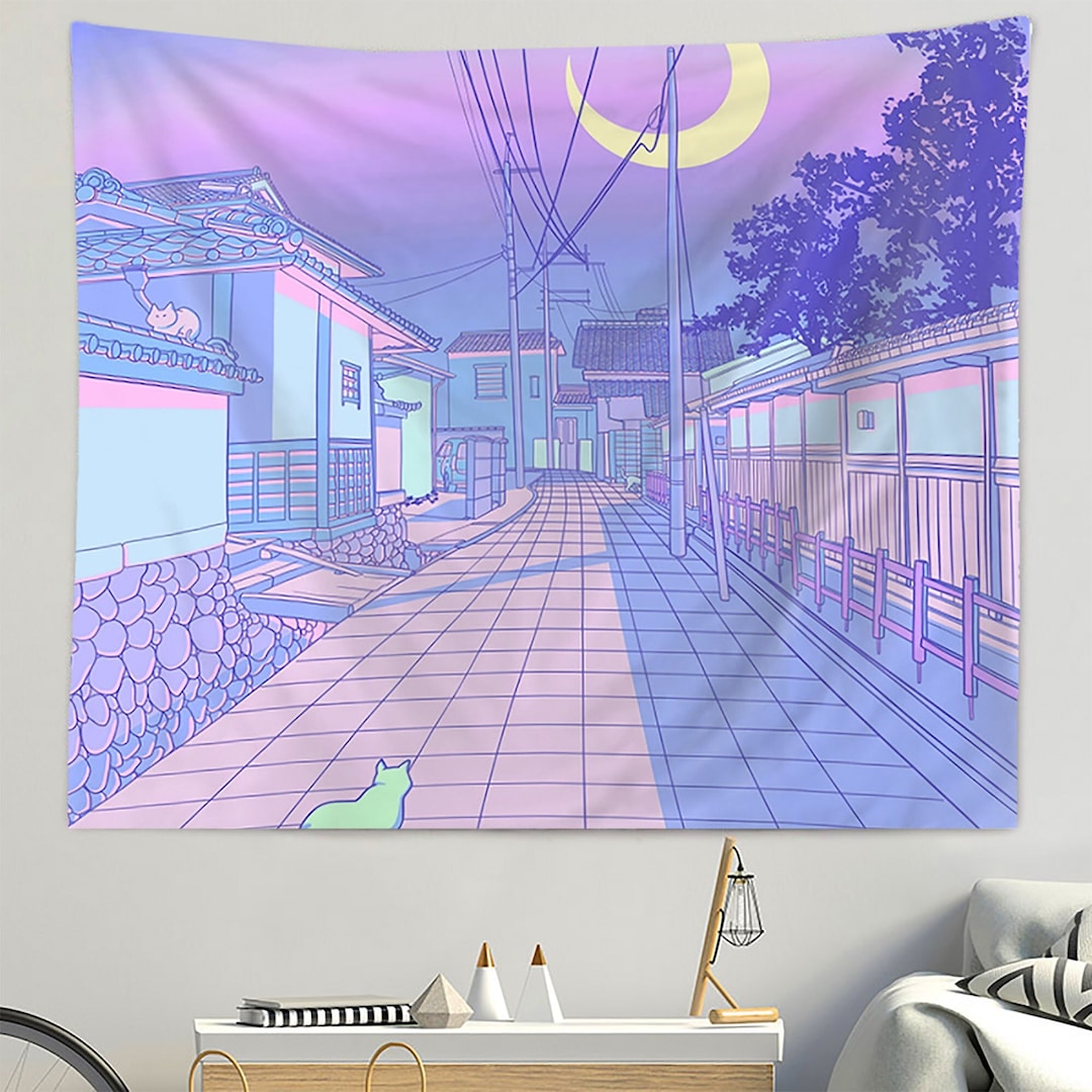 Pink Moonlight Wall Tapestry,japanese Pink Wall Hanging,house Cat Wall ...