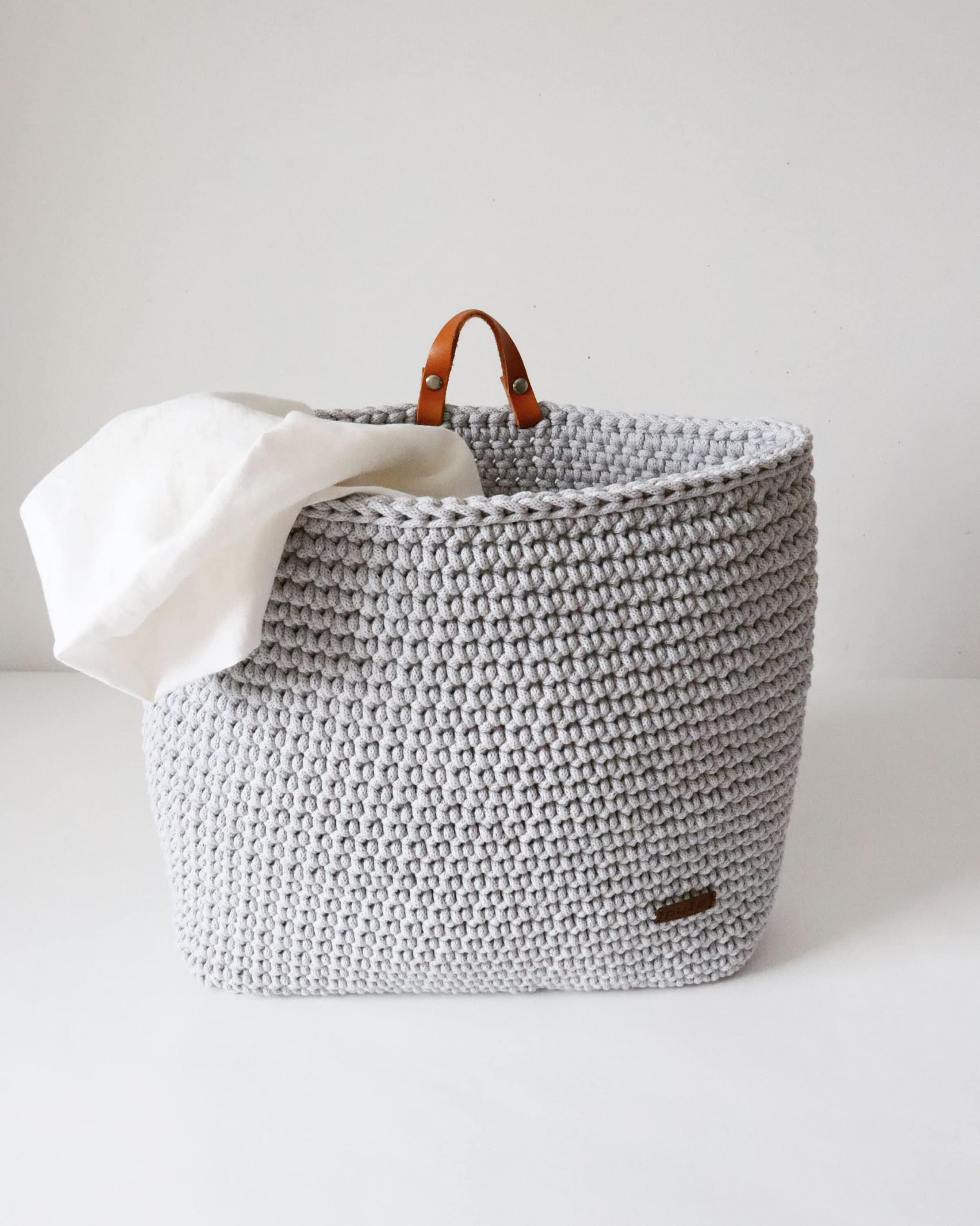 Large Modern Wall Basket With Leather Handle, Crochet Basket for Hall ...