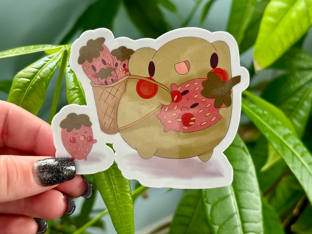 Strawberry Frog Sticker | Cute Frog With Strawberry | Happy & Sad Frog ...