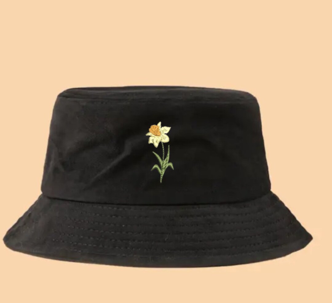 Flower Bucket Hat. Daffodil Design. Available in Black and White ...