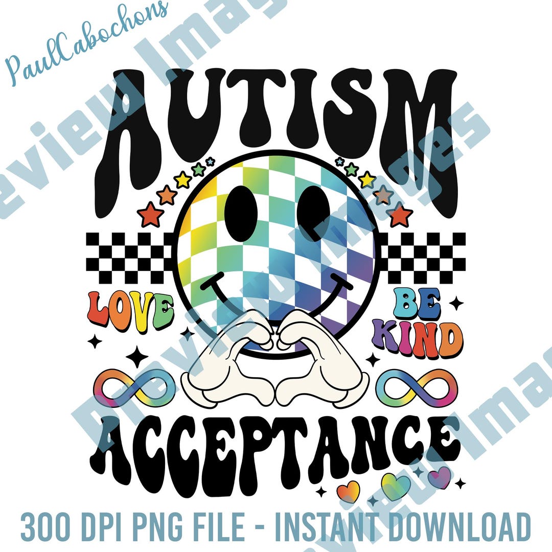 Autism Acceptance Love and Be Kind Png, Groovy Smiley Face Autism ...