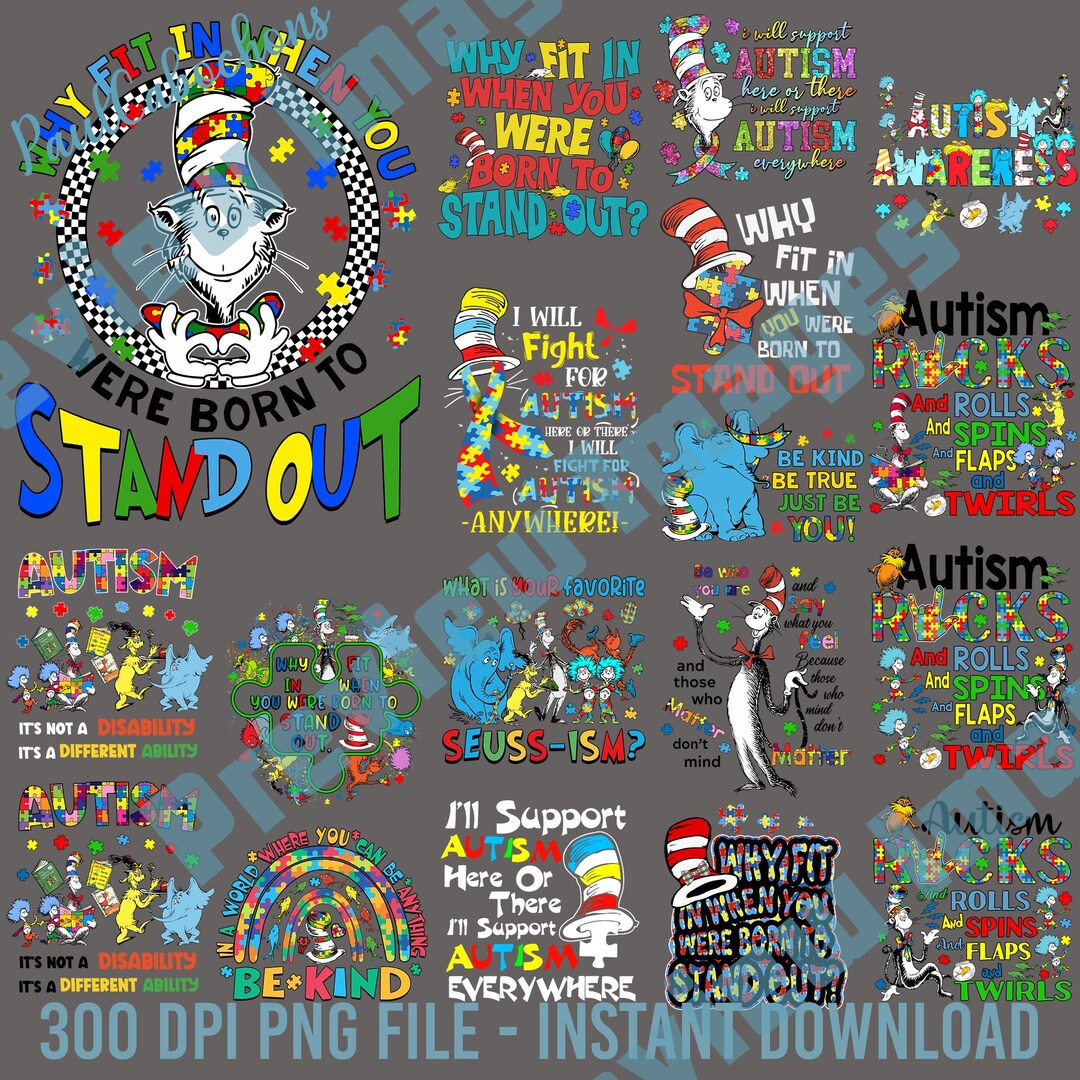 Bundle 18 PNG Autism Dr Seuss, Dr Seuss Autism Awareness Png, Bundle Dr ...