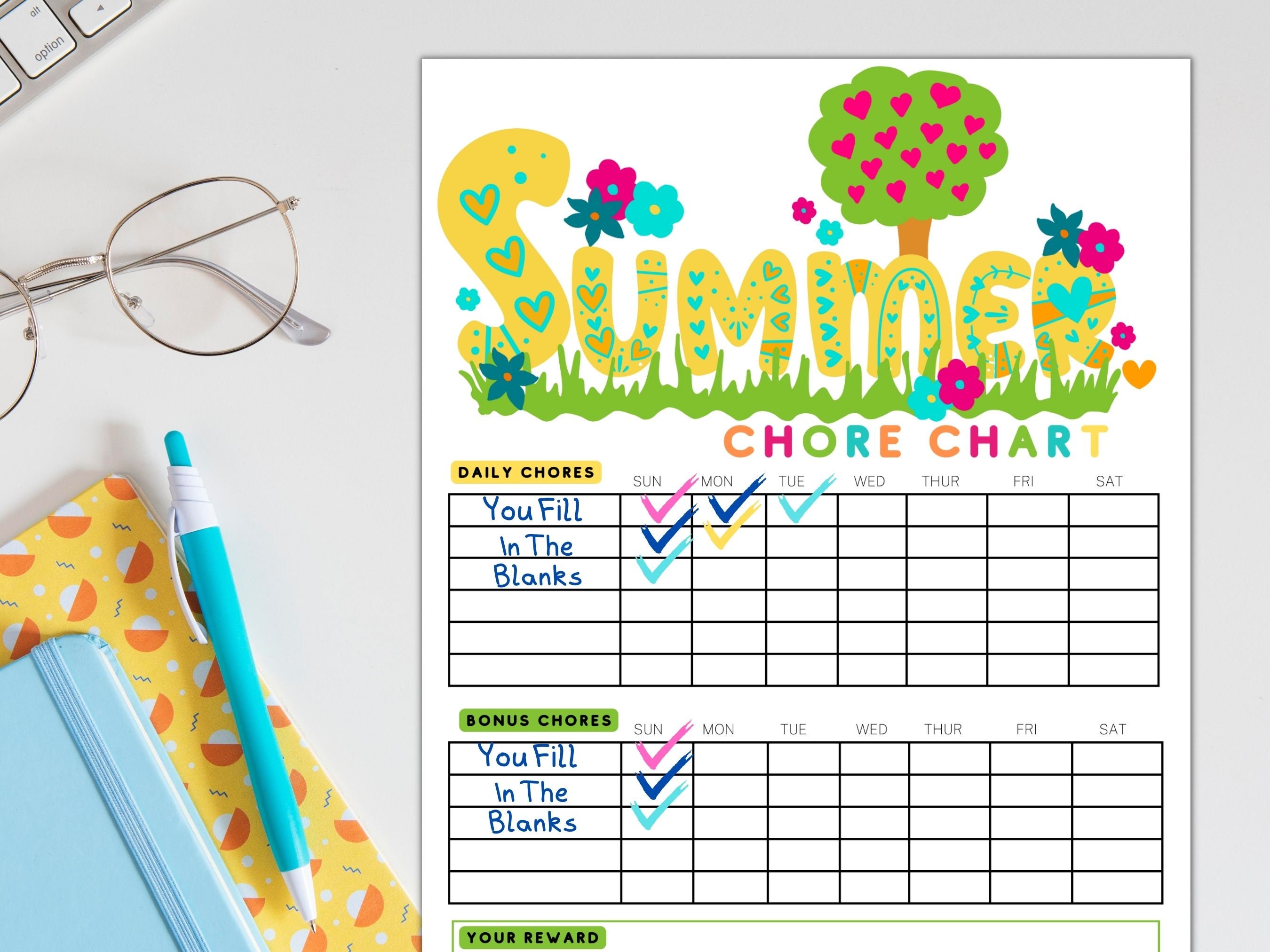7 Day Summer Chore Chart Easy to Print and Use Added Bonus Chores Earn ...