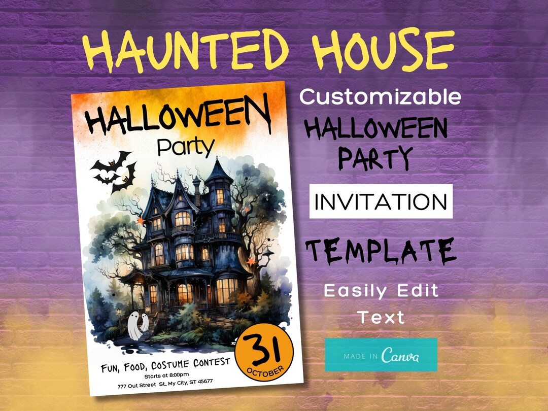 Spooky Fun Haunted House Halloween Party Invitation Canva Template ...