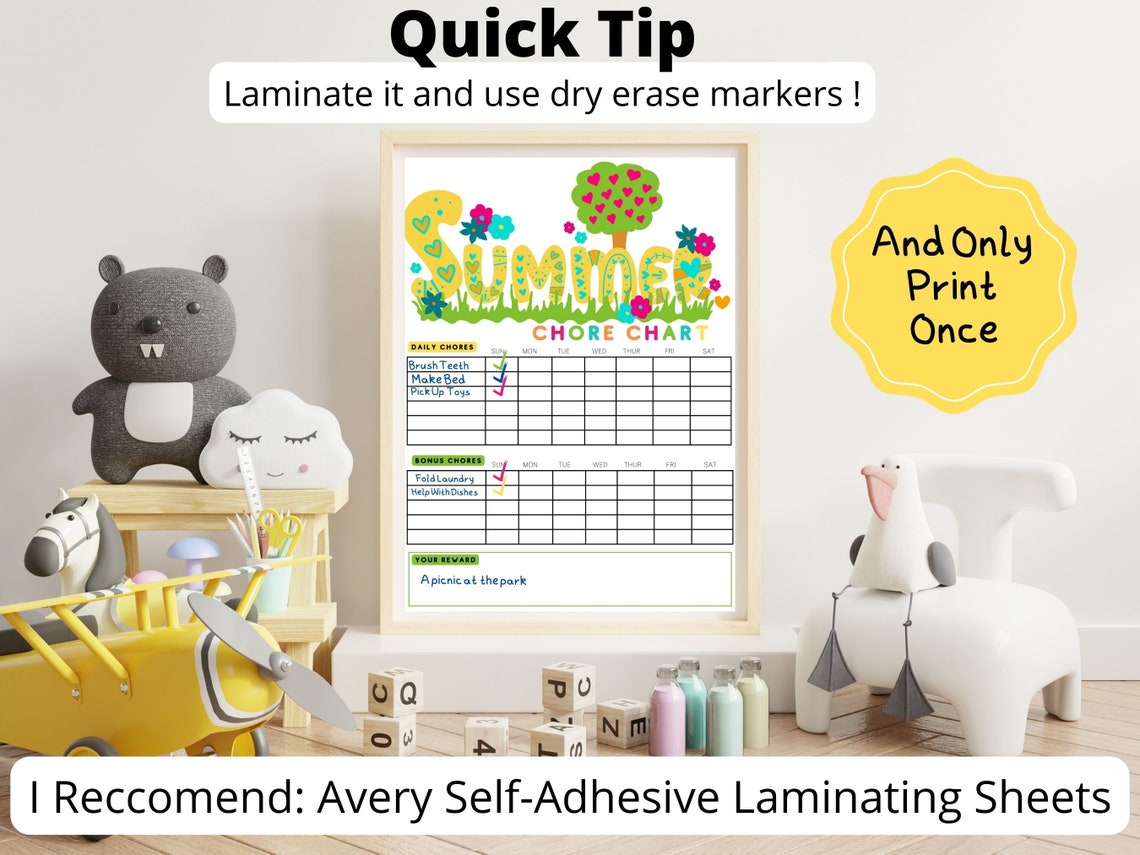 7 Day Summer Chore Chart Easy to Print and Use Added Bonus Chores Earn ...