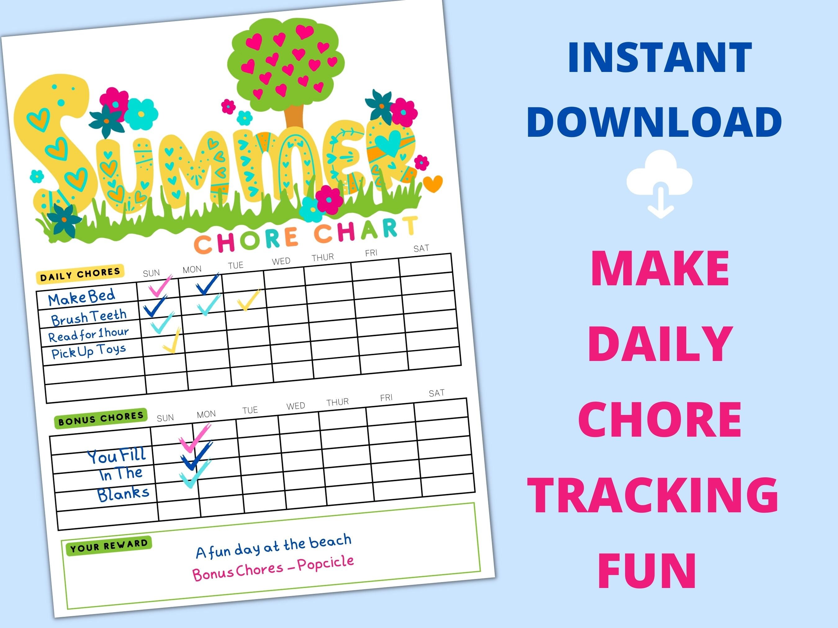 7 Day Summer Chore Chart Easy to Print and Use Added Bonus Chores Earn ...