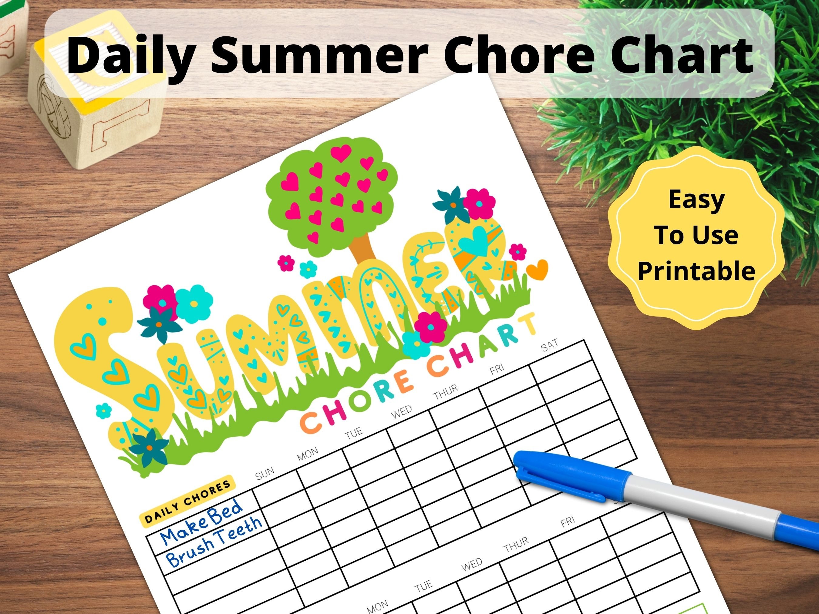 7 Day Summer Chore Chart - Easy to Print and Use - Added Bonus Chores ...