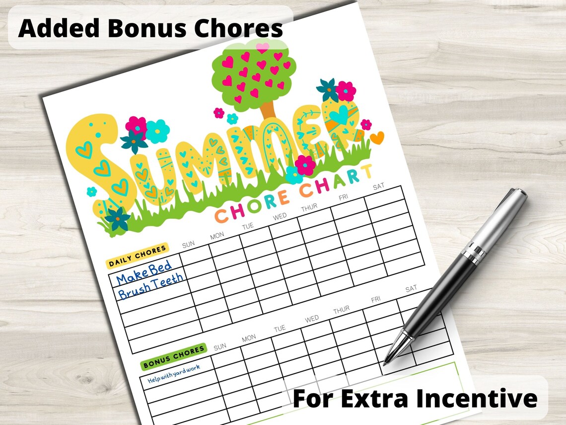 7 Day Summer Chore Chart Easy to Print and Use Added Bonus Chores Earn ...