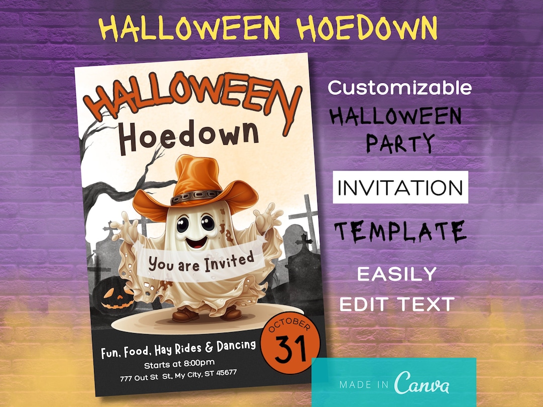 Cowboy Ghost Halloween Hoedown Party Invitation Canva Template ...