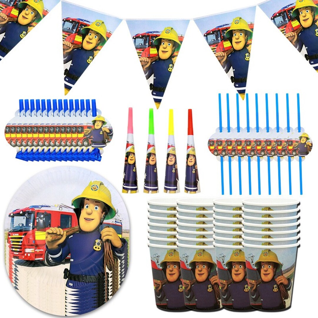 Fireman Sam Birthday Party Disposable Tableware Plate Cups Banner ...
