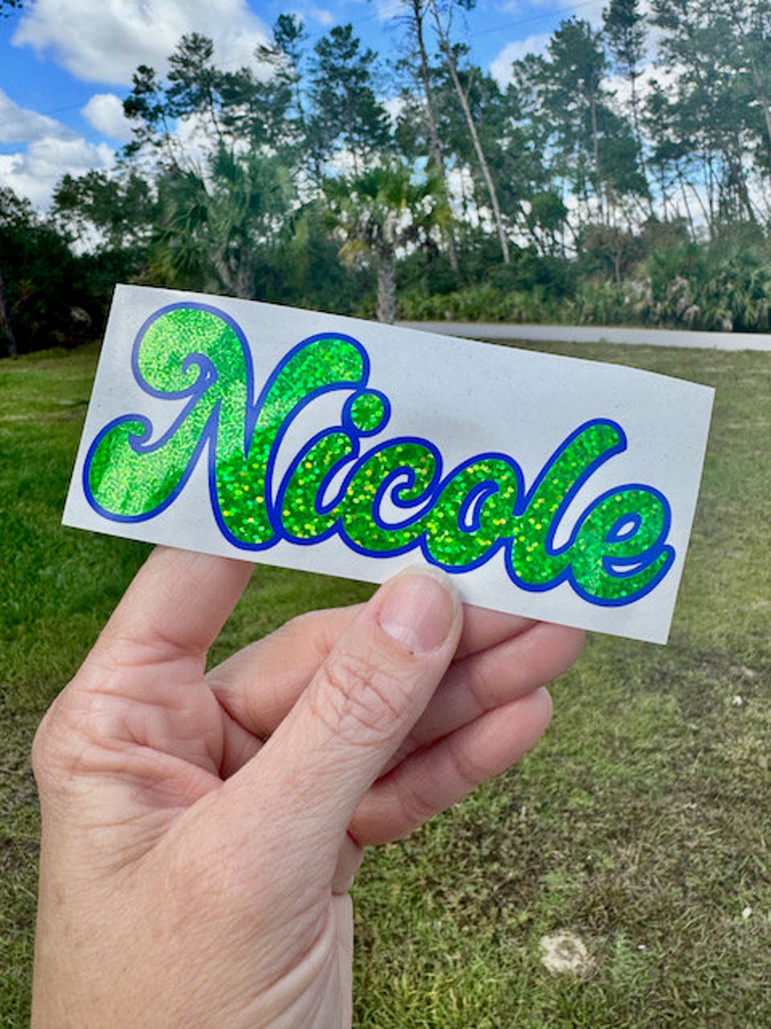 Custom Name Stickers- Cursive Font Decal - Holographic Glitter Neon ...