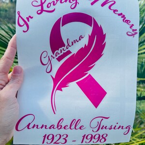 Breast Cancer Memorial Decals in Loving Memory Feather Ribbon Vinyl ...