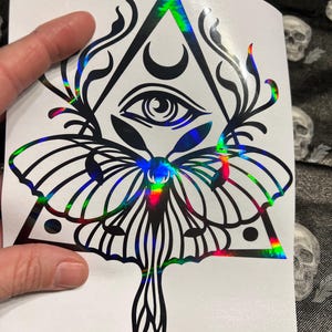 Geometric Lunar Moth Moon Eye Decal - Holographic Stickers - Window Car ...
