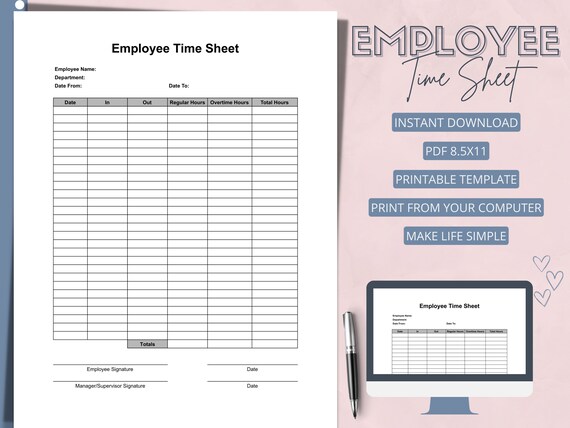 Printable Time Sheet Work Time Log Employee Time Sheet - Etsy