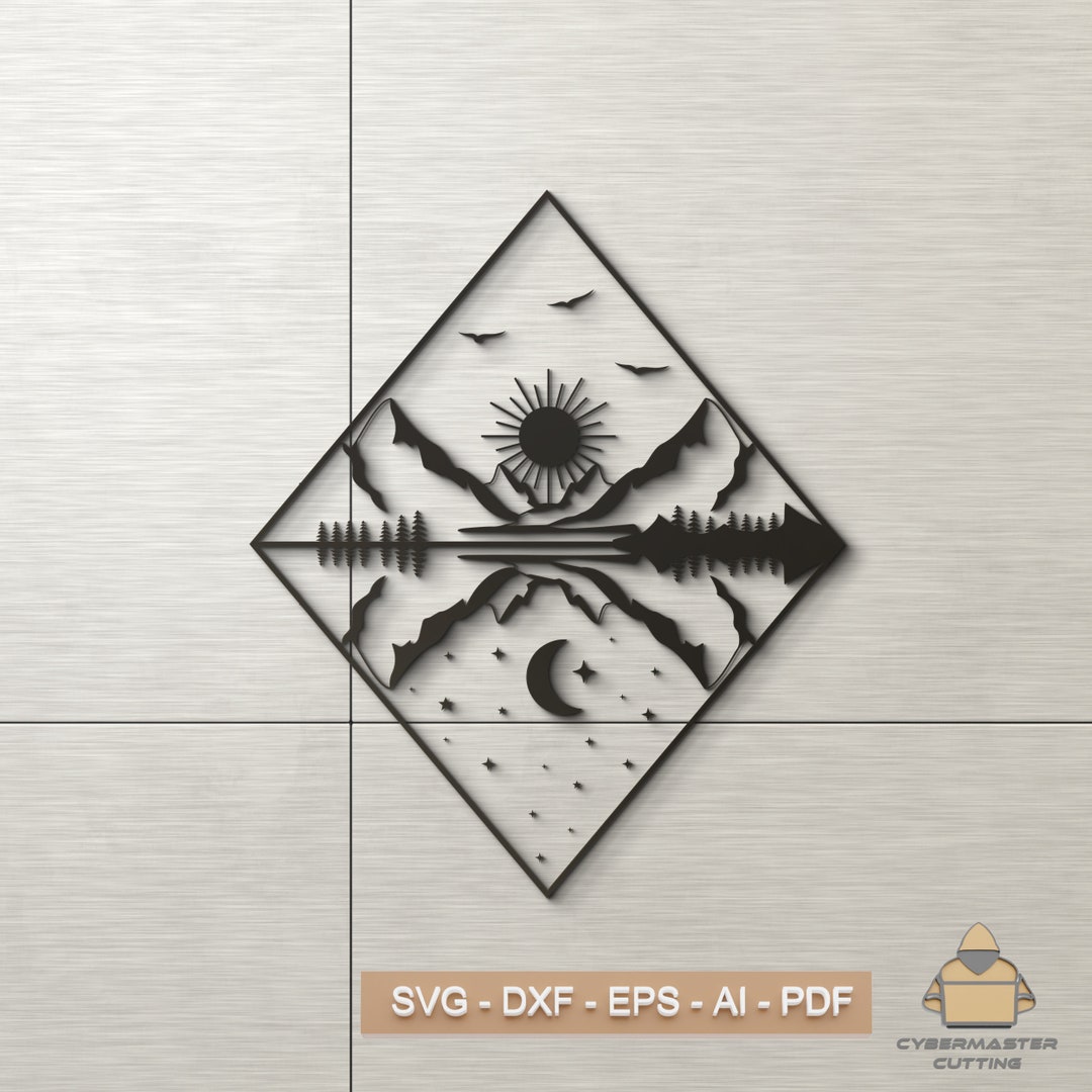 Mountain Wall Art Laser Cut File, Mountain Moon Sun Type-2 Model ...