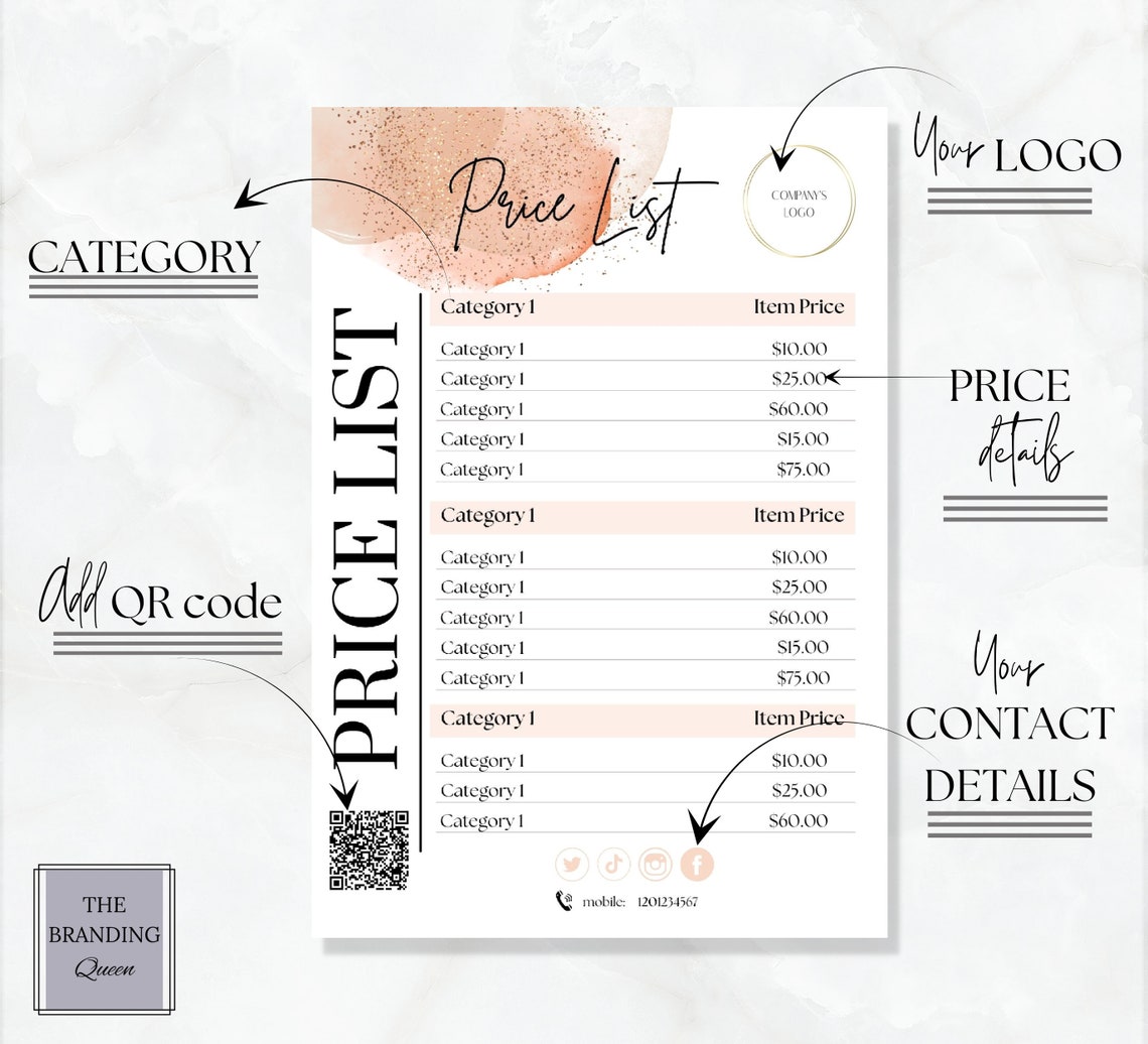 EDITABLE PRICE LIST Template, Printable Price List Template Canva ...