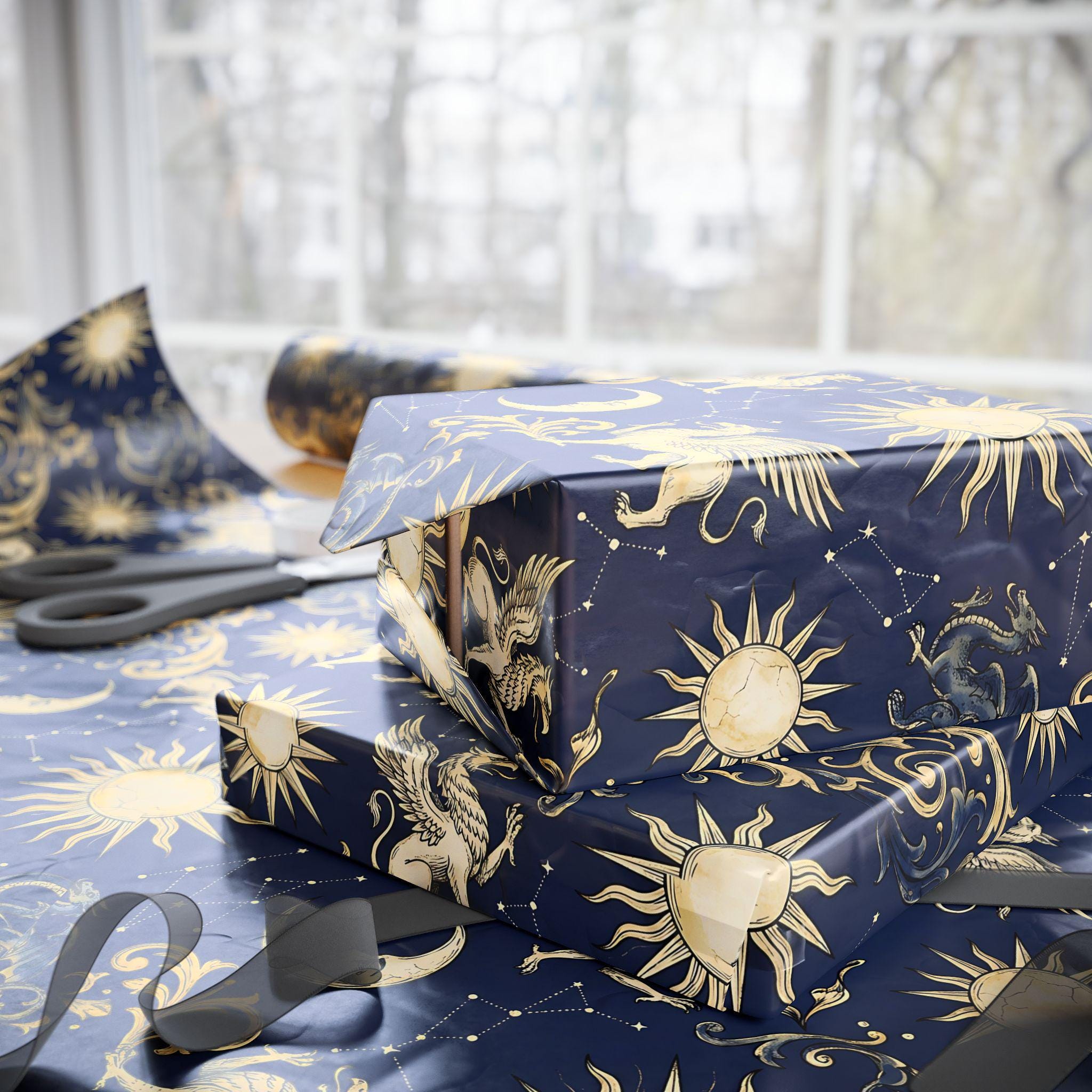 Medieval Celestial Wrapping Paper, Suns, Moons & Stars, Illuminated ...