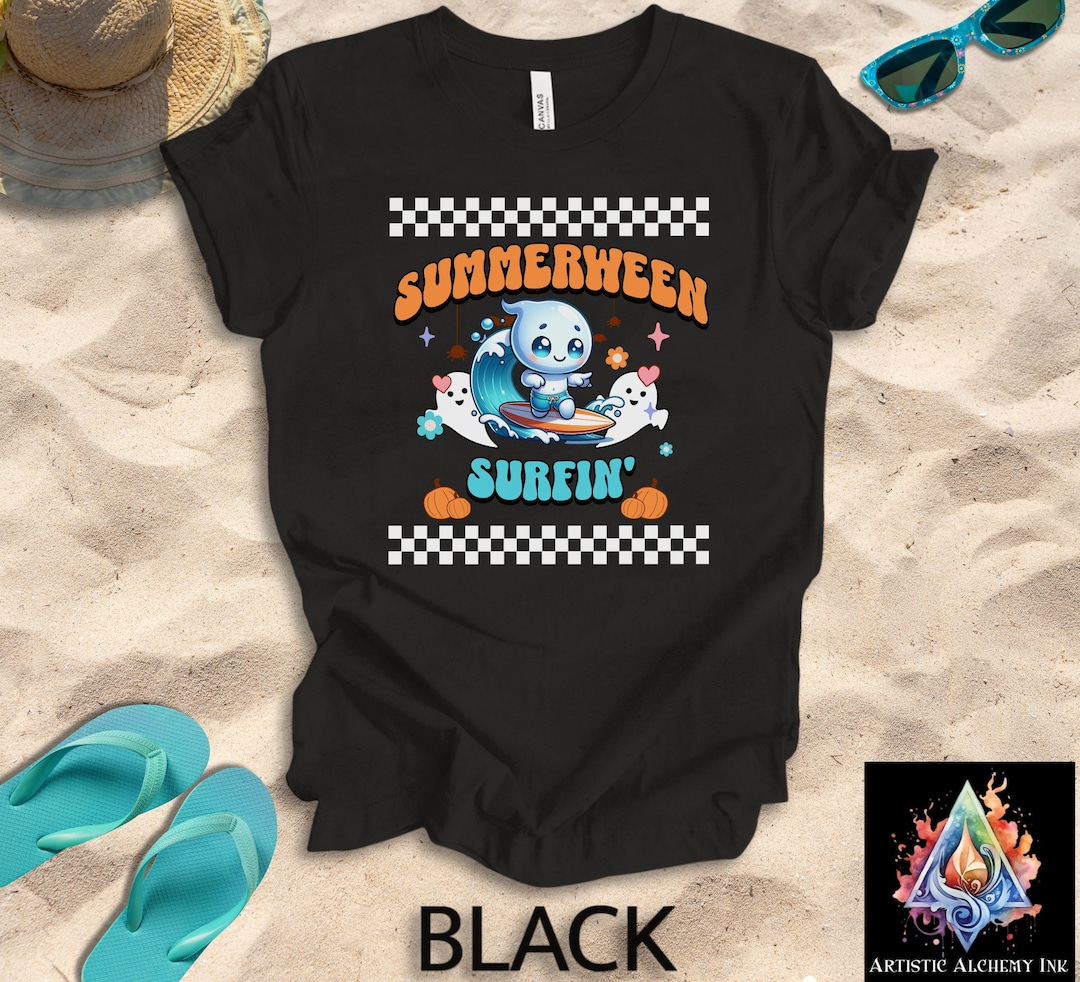 Summerween Surfin' T-shirt, Cute Ghost Surfing, Halloween Beach Theme ...