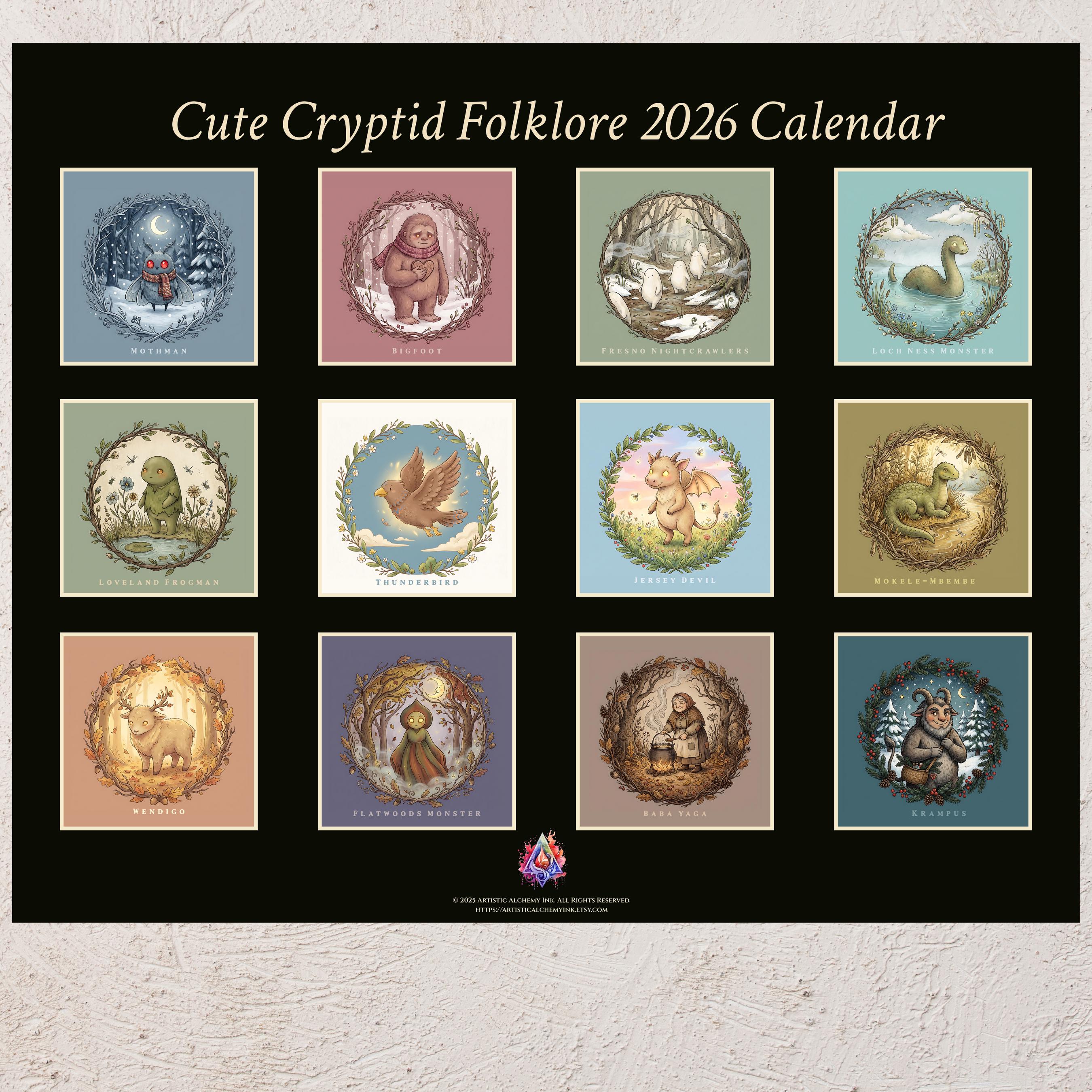 Mothman & Cryptid Wall Calendar 2026 | Illustrated Monthly Calendar - Etsy