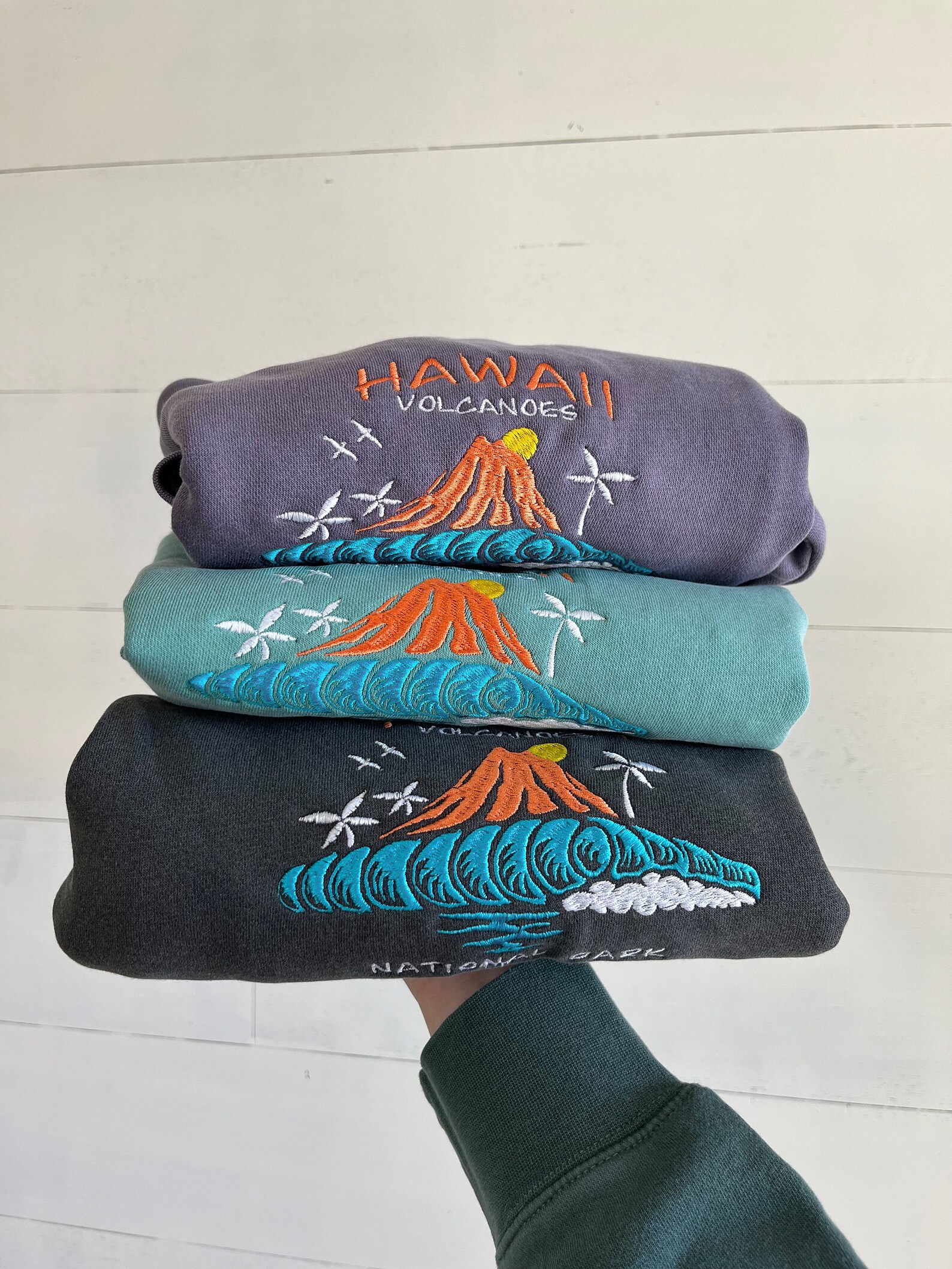 Hawaii Volcano Surfs up Vintage Style Crew | Volcanoes National Park Retro Embroidered Sweater ...