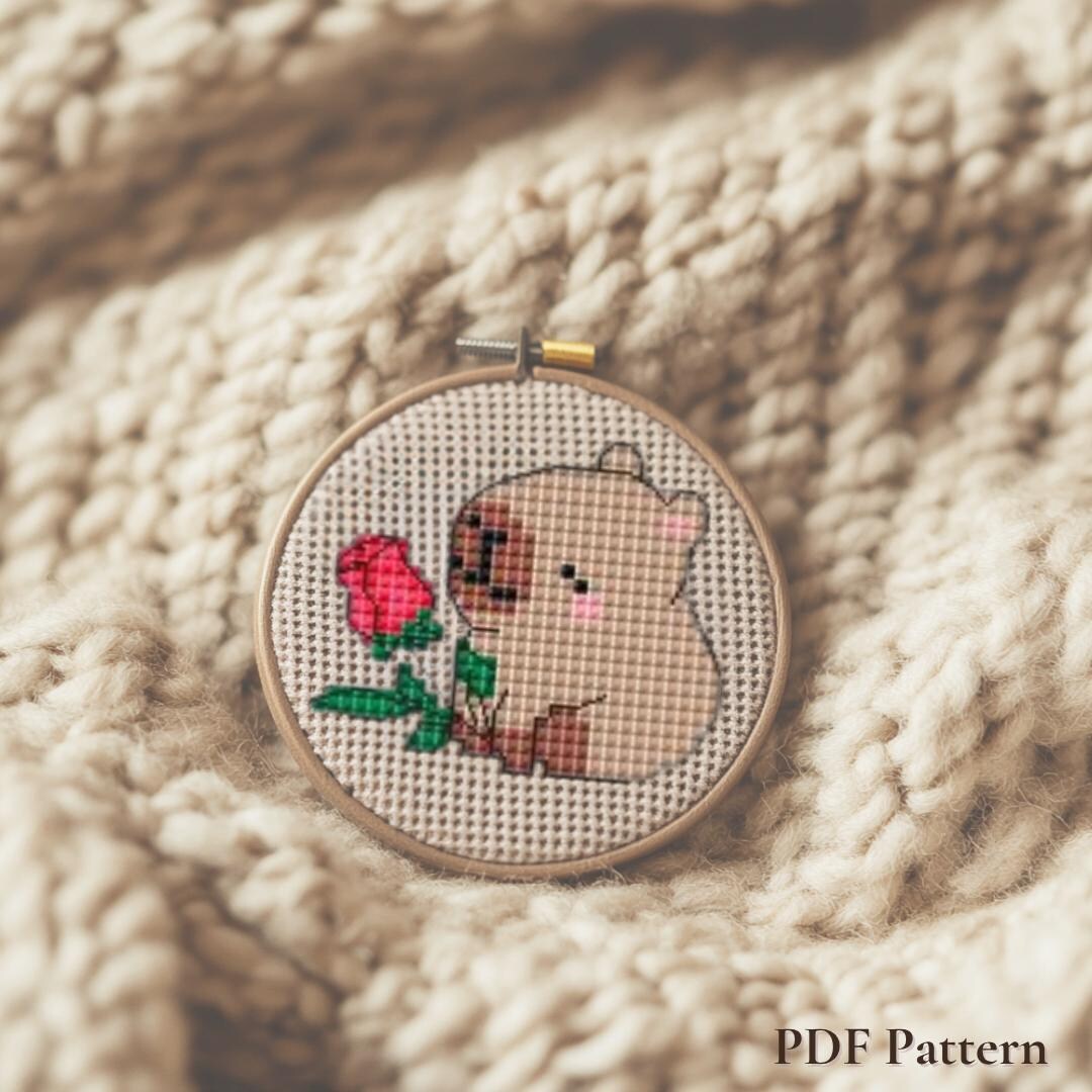 Capybara With Rose Cross Stitch Pattern - Kawaii Animal PDF - Small ...