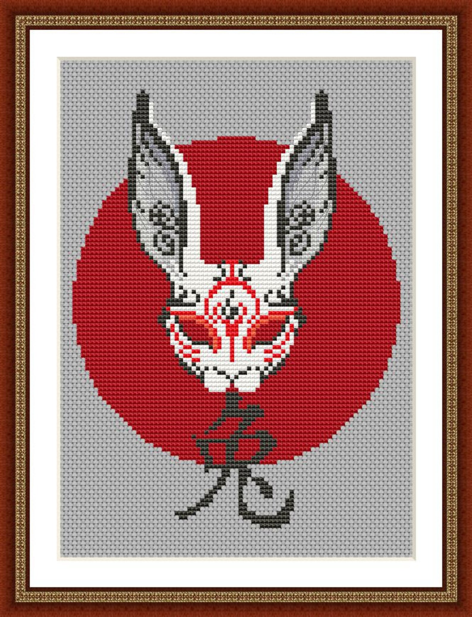Japanese Rabbit Mask Cross Stitch Pattern PDF – Red Circle and Kanji ...